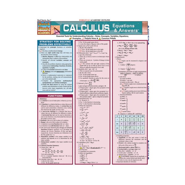 Calculus Equations & Answers - Quick Study Guide | ISU Book Store