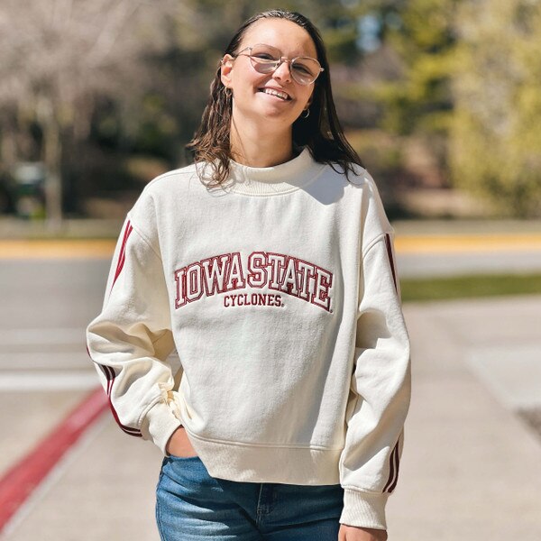 Chicka-d Women's Iowa State Cyclones Cream Varsity Mock Neck Crew